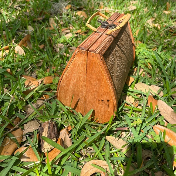 Vintage | Bags | Rare Vintage 94s Boho Box Bag Purse 1940s Wood Rattan ...